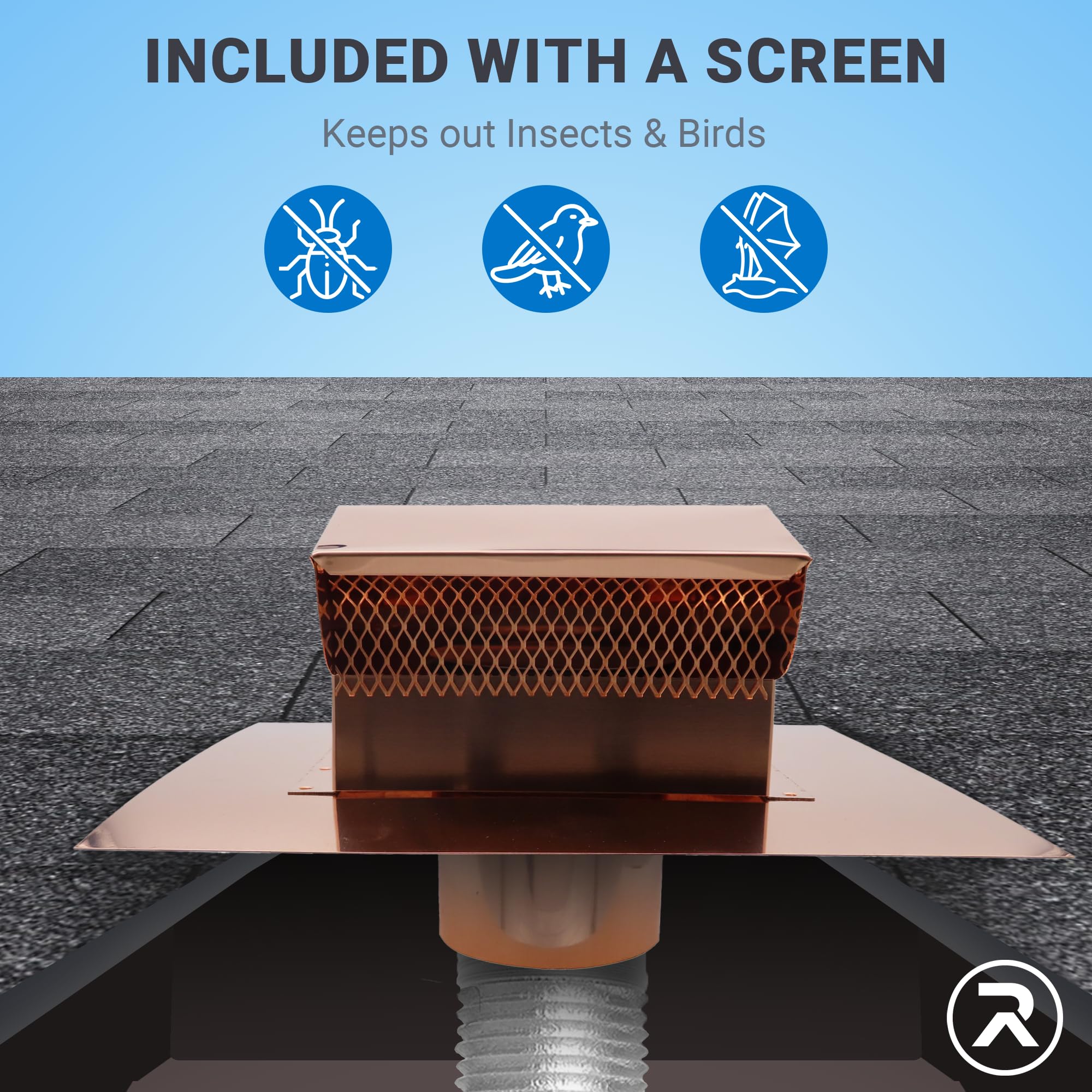 Generic Copper Rooftop Exhaust Vent Cap with Damper and Bottom Extension (10 Inch)