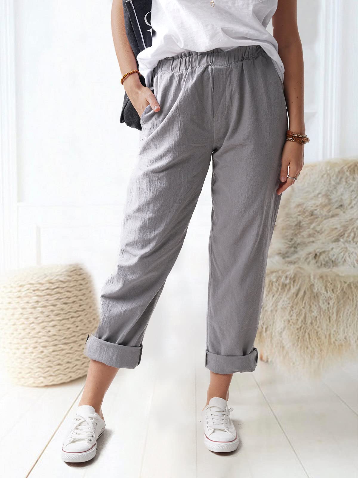 Women's Straight Pants Elastic Waist Trousers Casual lounge pants women for Work with Pockets Khaki