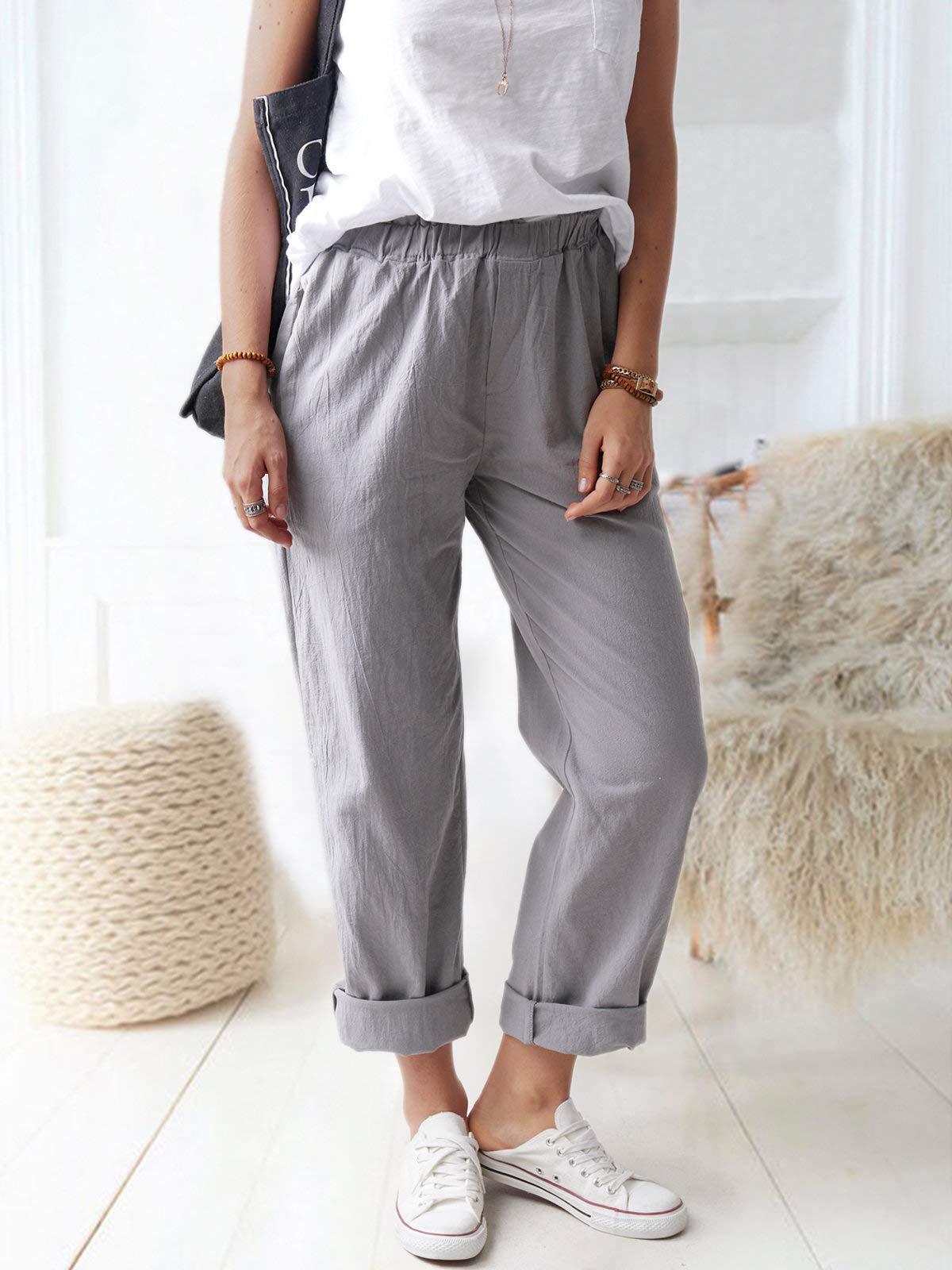 Women's Straight Pants Elastic Waist Trousers Casual lounge pants women for Work with Pockets Khaki