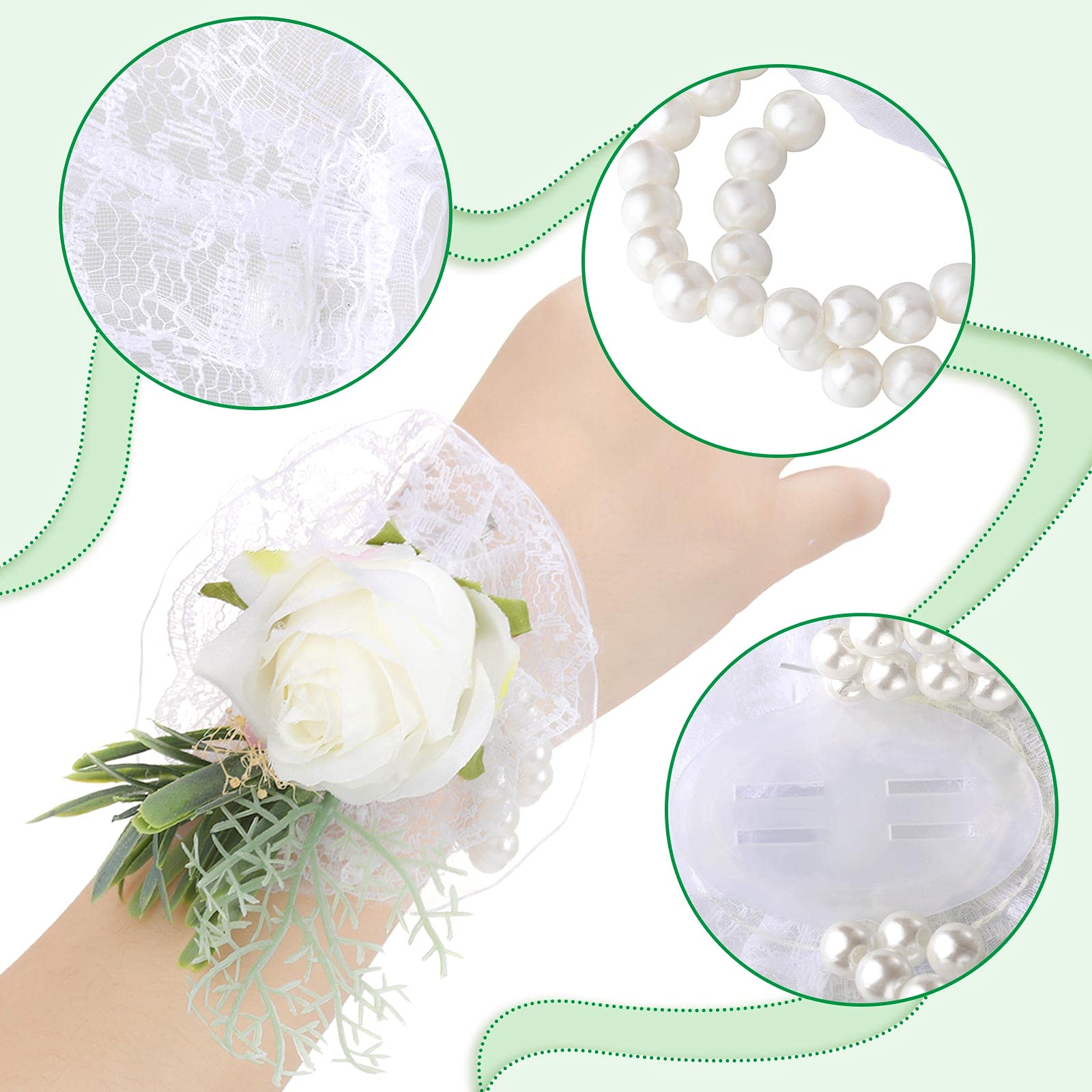 12 Pieces Wedding Elastic Pearl Wrist Corsage Bands DIY Flower Hand Stretch Bracelet for Wedding Prom Bride Handmade