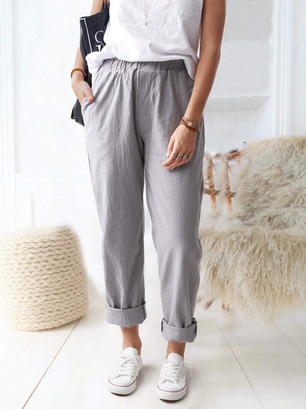 Women's Straight Pants Elastic Waist Trousers Casual lounge pants women for Work with Pockets Khaki
