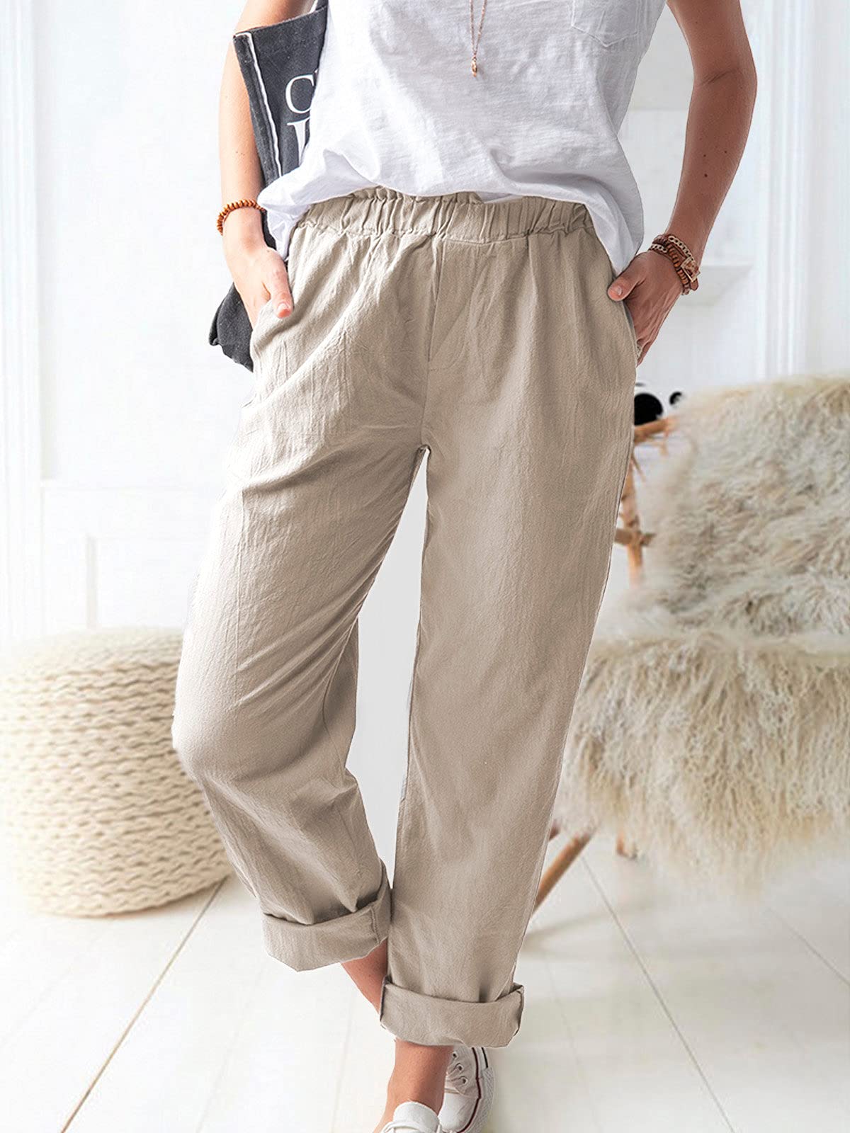 Women's Straight Pants Elastic Waist Trousers Casual lounge pants women for Work with Pockets Khaki