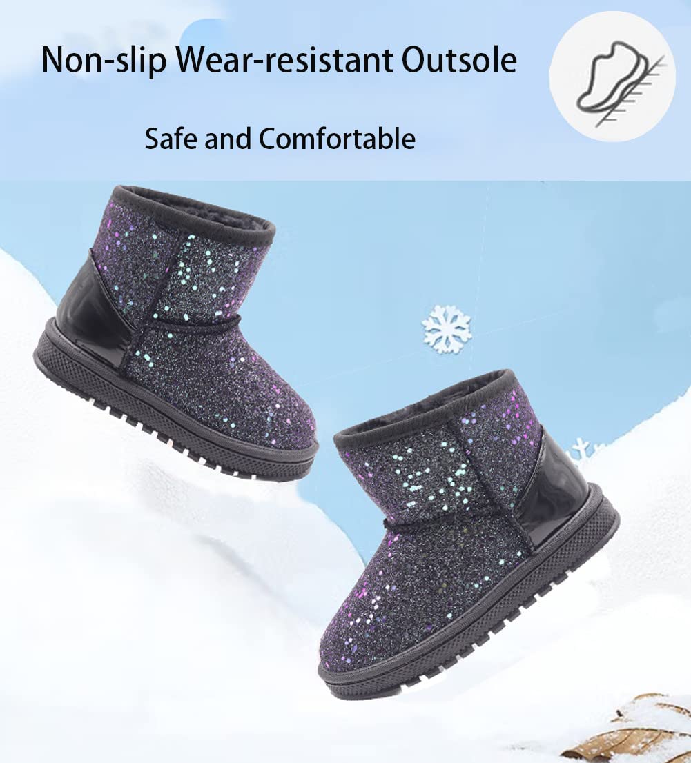 Sugmzox Girls Snow Boots Sequin Warm Winter Boots Comfort Durability Ankle Boots(Toddler/Little Kids) black size 9