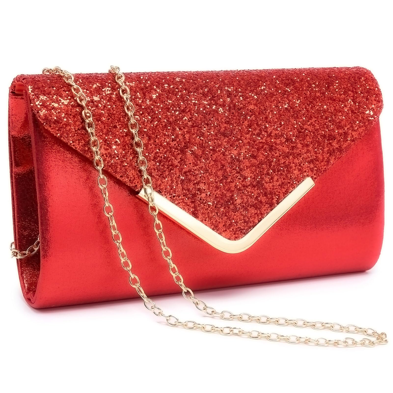 Dasein Women Evening Bags Formal Clutch Purses for Wedding Party Prom Handbags with Shoulder Strap and Glitter Flap (Red)