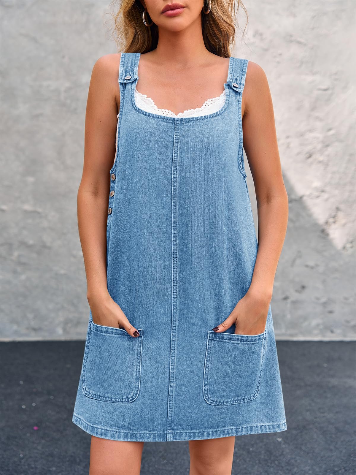 BZB Women's Sleeveless Casual Denim Dress Crewneck Vintage Overall Mini Dress with Pockets (Blue, X-Large)