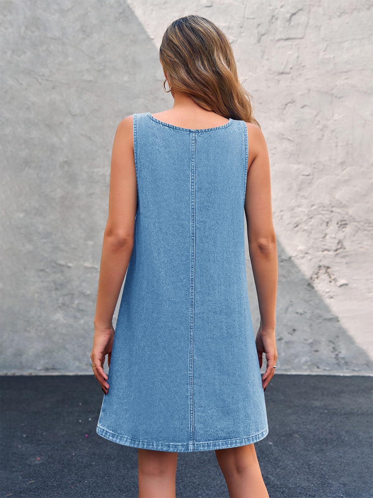 BZB Women's Sleeveless Casual Denim Dress Crewneck Vintage Overall Mini Dress with Pockets (Blue, X-Large)