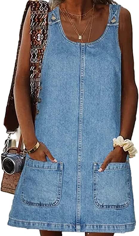 BZB Women's Sleeveless Casual Denim Dress Crewneck Vintage Overall Mini Dress with Pockets (Blue, X-Large)
