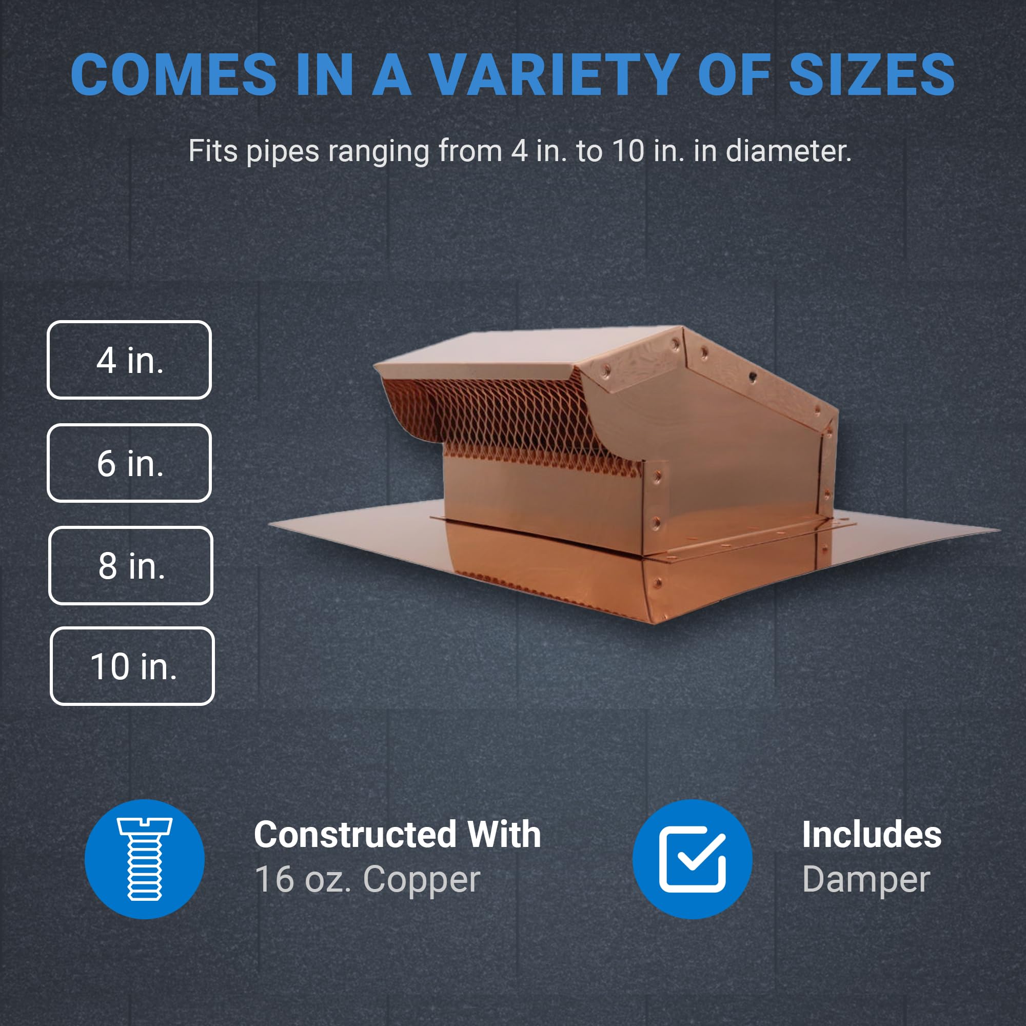 Generic Copper Rooftop Exhaust Vent Cap with Damper (8 Inch)