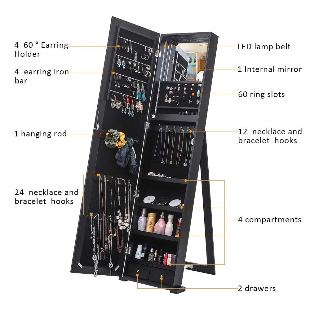 Savins gt1-DL 79 Blue Led Jewelry Cabinet, Jewelry Storage Cabinet, Upright Jewelry Cabinet With Long Mirror(Black)