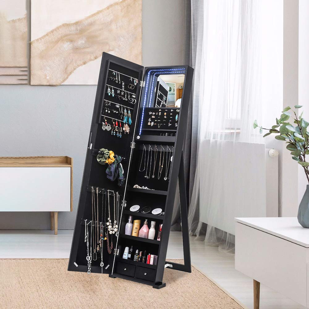 Savins gt1-DL 79 Blue Led Jewelry Cabinet, Jewelry Storage Cabinet, Upright Jewelry Cabinet With Long Mirror(Black)