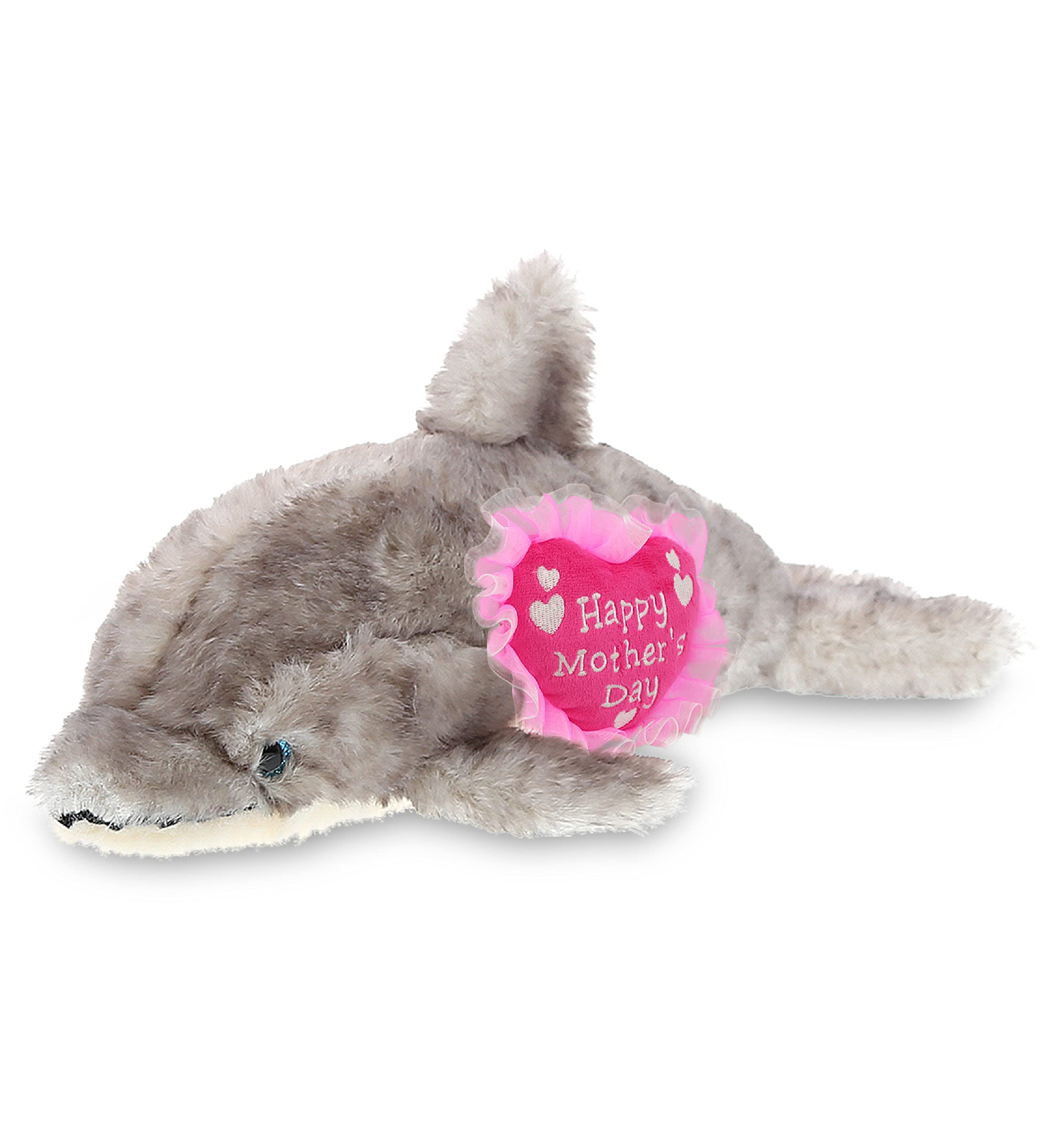 DolliBu Happy Mother's Day Super Soft Plush Grey Dolphin Doll Figure - Cute Stuffed Animal with Pink Heart Message for Best Mommy, Grandma, Wife, Daughter - 12.5" Inch
