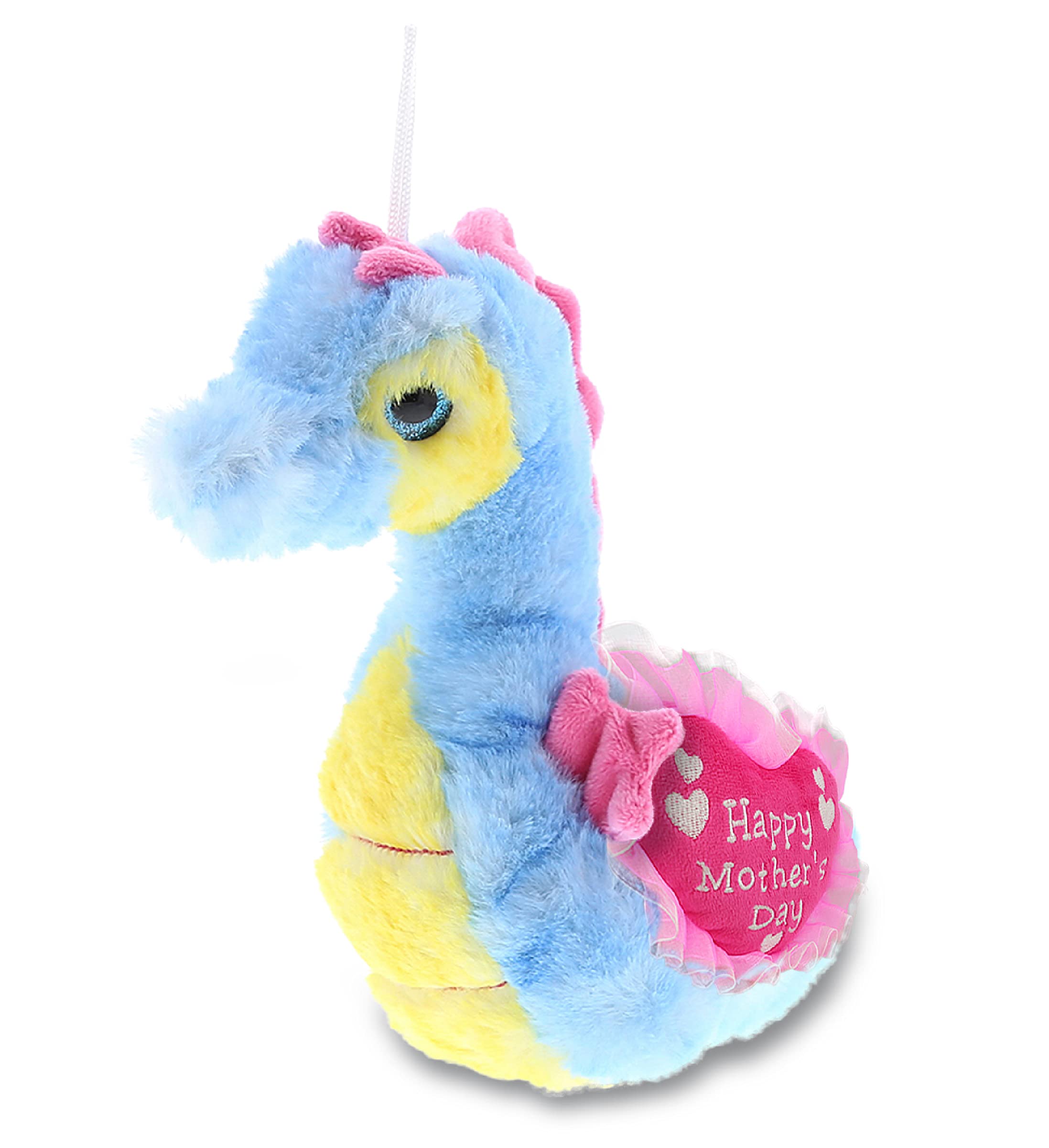 DolliBu Happy Mother's Day Super Soft Plush Blue Seahorse Doll Figure - Cute Stuffed Animal with Pink Heart Message for Best Mommy, Grandma, Wife, Daughter - 8.5" Inches