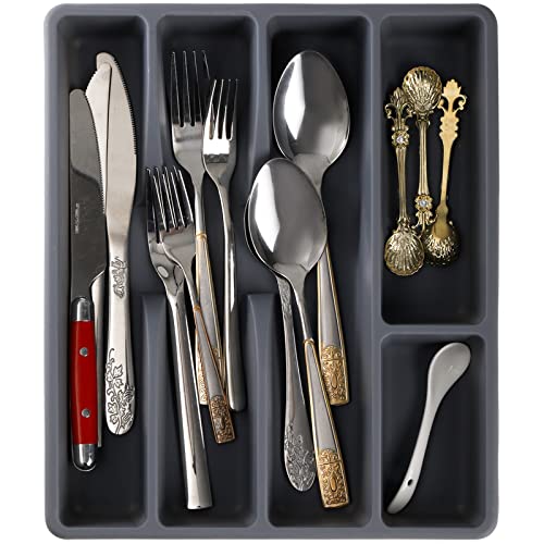 SOUJOY 4 Pack Utensil Organizer Silverware Drawer Organizer, 5 Component Cutlery Storage Tray, Plastic Compact Kitchen Utensil Holder for Spoons Forks Knives, Easily Organize and Store