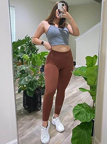 TomTiger Yoga Pants for Women 25''- High Waist Workout Leggings Tummy Control Butt Lifting Booty Tights 7/8 (Brown,M)