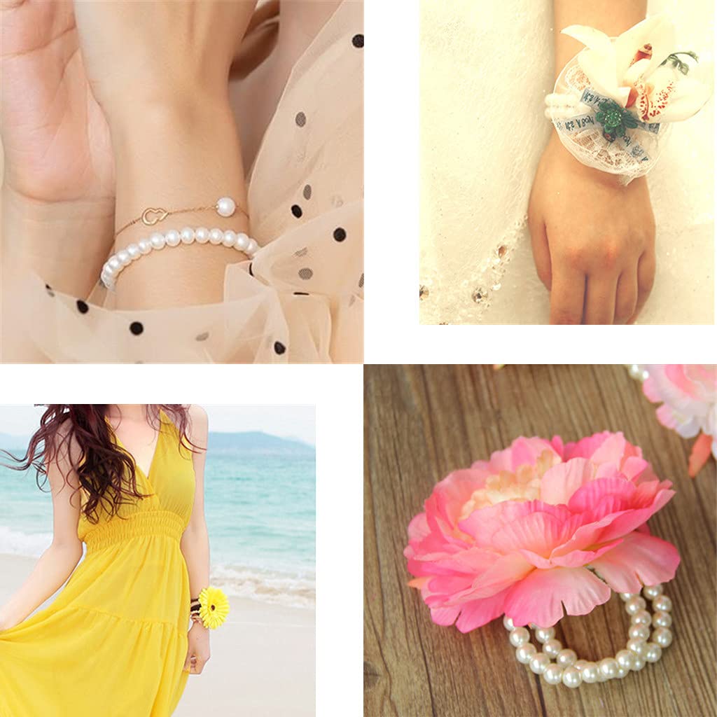 YOKOKE Elastic Pearl Wrist Bands Wristlets Corsage Accessories Bracelet for Wedding Prom Flowers (12Pcs White Pearl Wristbands)