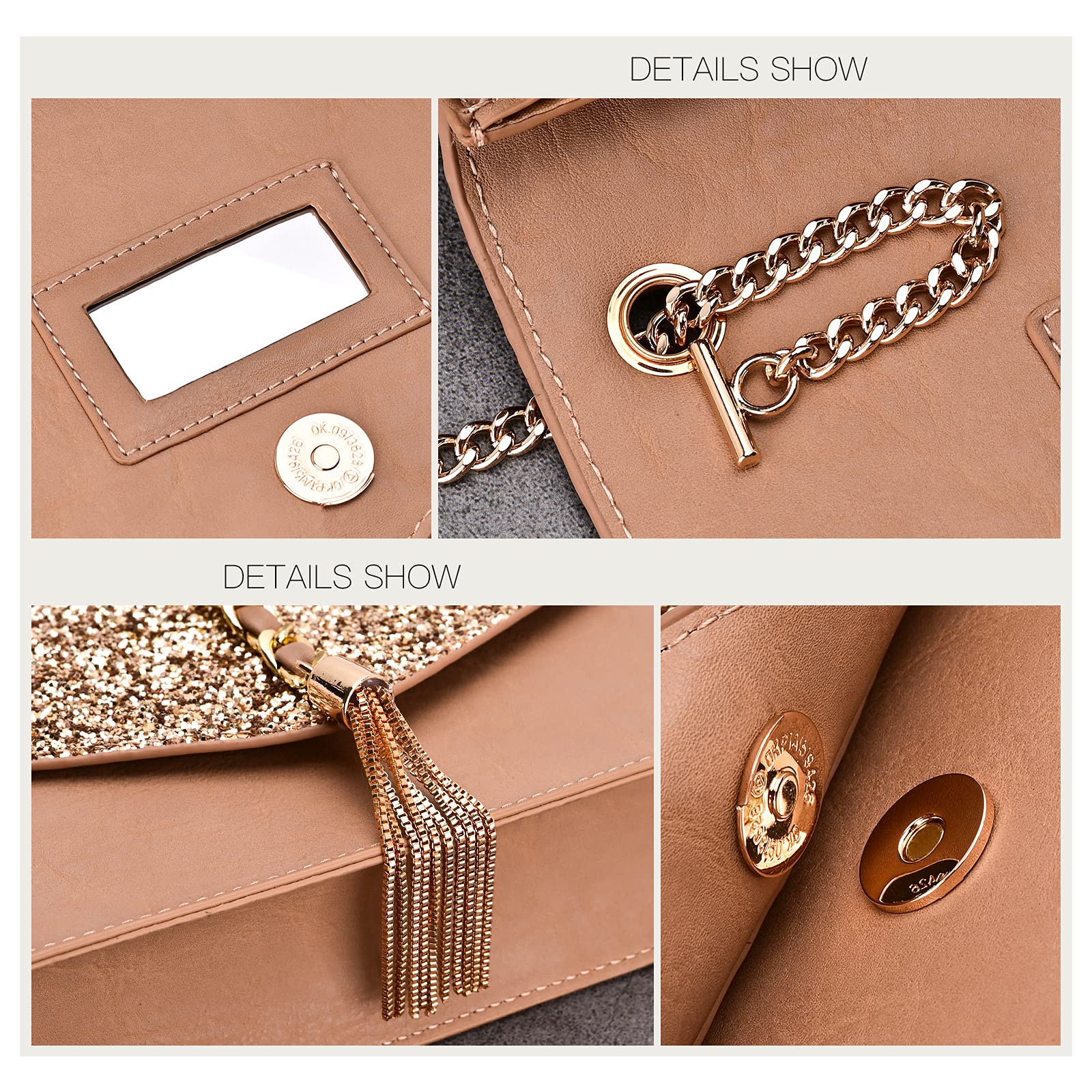 GM LIKKIE Crossbody Clutch Purse for Women, Glitter Evening Bag, Sequin Tassel Wedding Handbag for Party (Khaki)