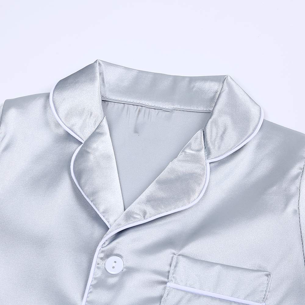 MYGBCPJS 2 Piece Kids Satin Pajamas Set Button-Down Sleepwear Loungewear PJS Shorts Sleeve Tops + Pants Silver-white