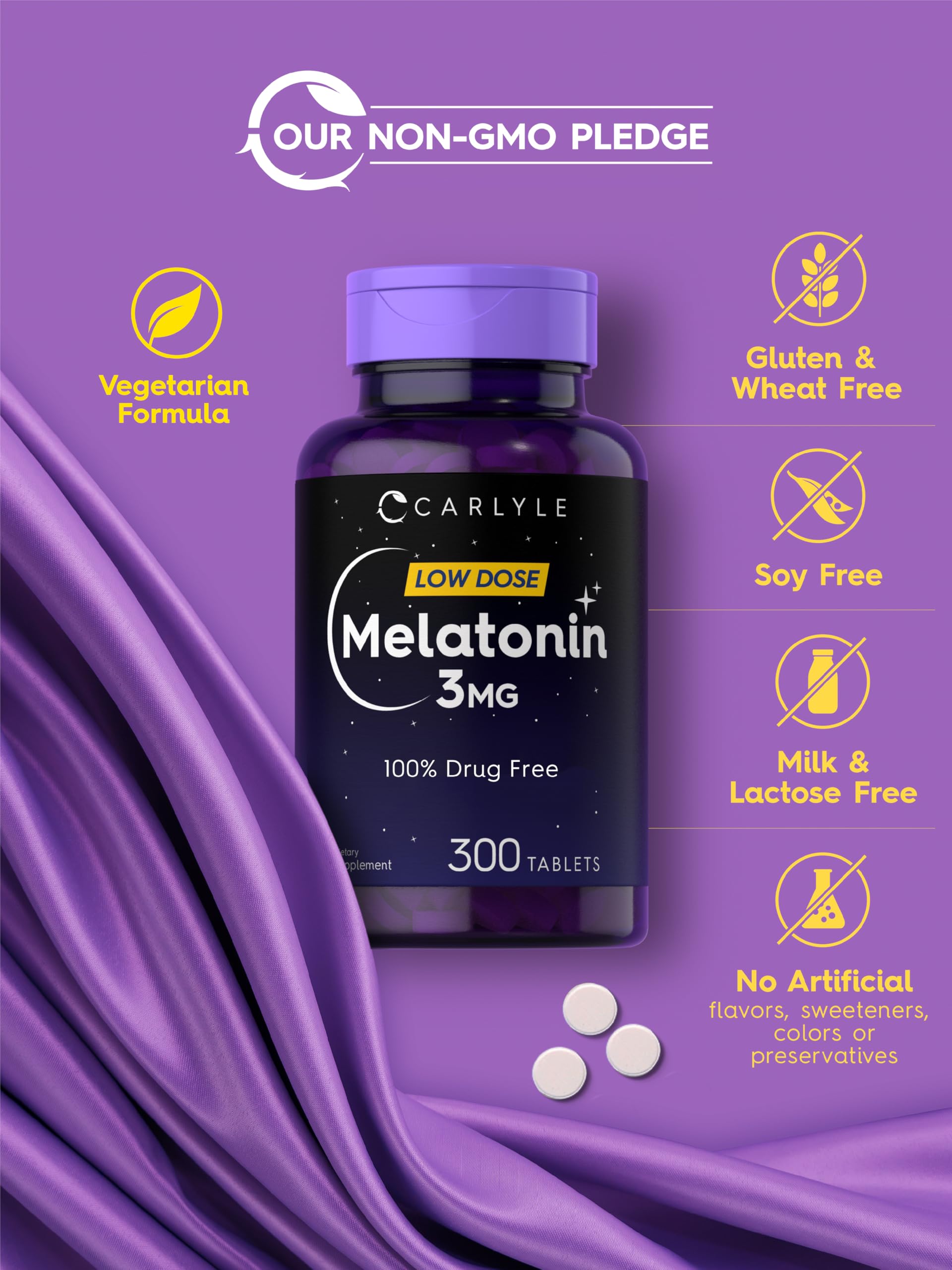 Carlyle Melatonin 3mg | 300 Tablets | Low Dose | Drug Free | Vegetarian, Non-GMO, Gluten Free