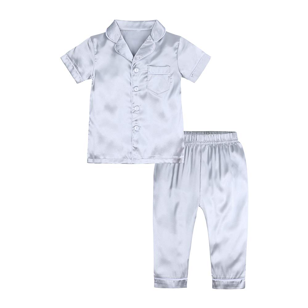 MYGBCPJS 2 Piece Kids Satin Pajamas Set Button-Down Sleepwear Loungewear PJS Shorts Sleeve Tops + Pants Silver-white