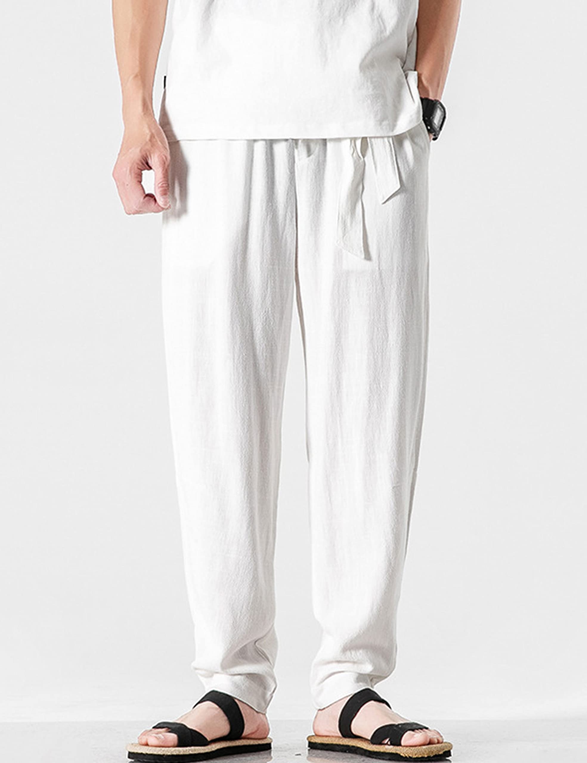 HangNiFang Mens Cotton Linen Elastic Waistband Tapered Cuffed Pocketed Pants (0141-White-XL)