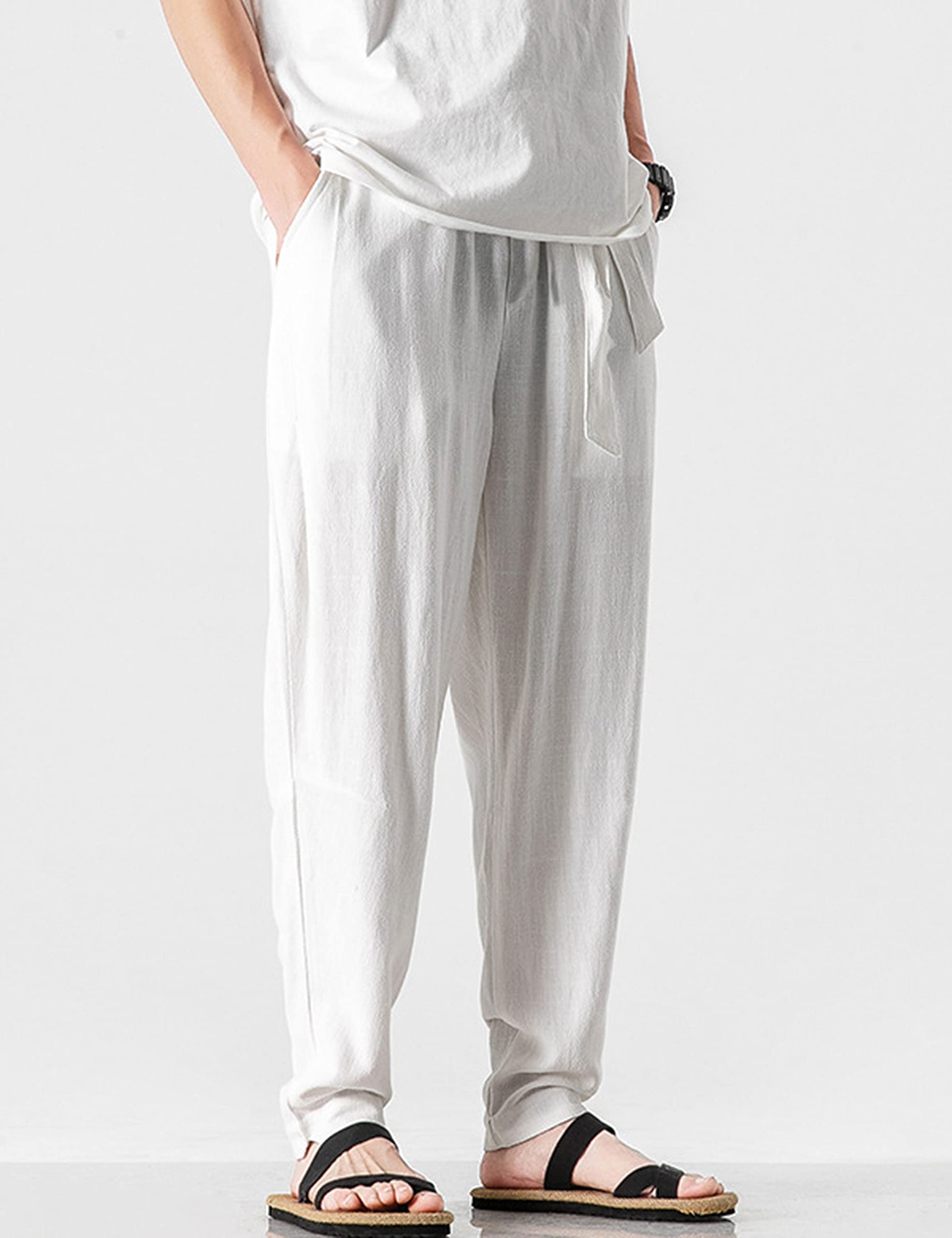 HangNiFang Mens Cotton Linen Elastic Waistband Tapered Cuffed Pocketed Pants (0141-White-XL)