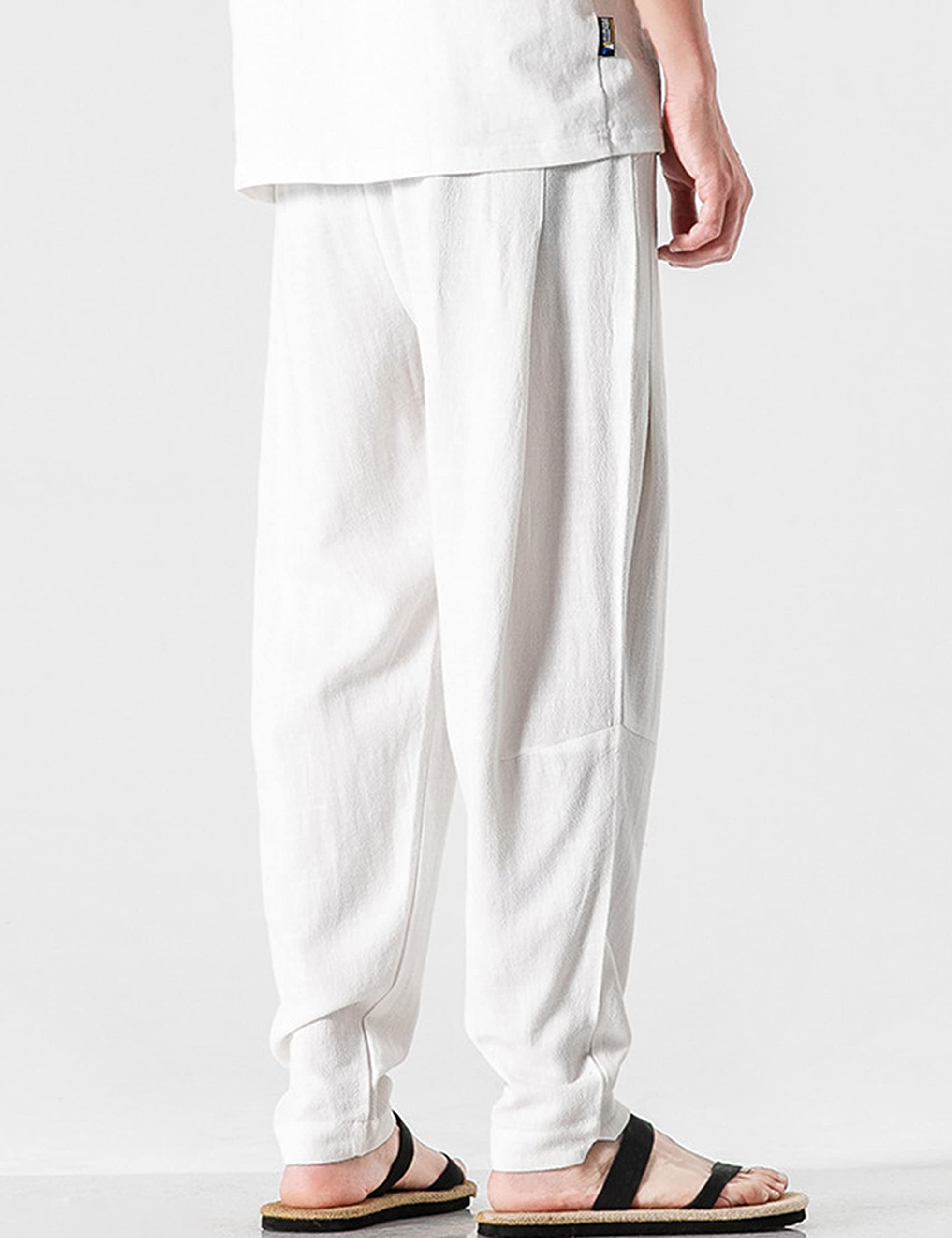 HangNiFang Mens Cotton Linen Elastic Waistband Tapered Cuffed Pocketed Pants (0141-White-XL)
