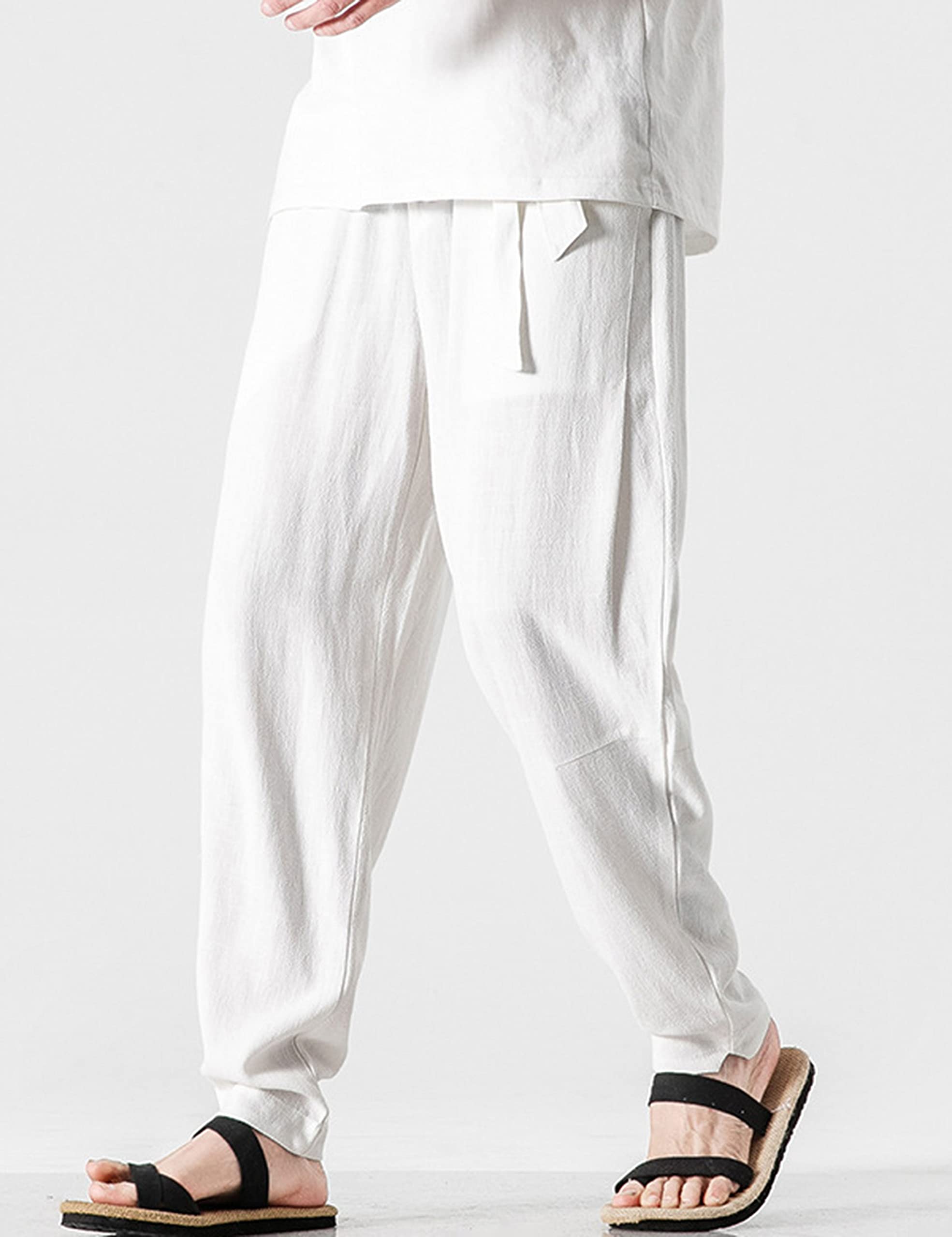 HangNiFang Mens Cotton Linen Elastic Waistband Tapered Cuffed Pocketed Pants (0141-White-XL)