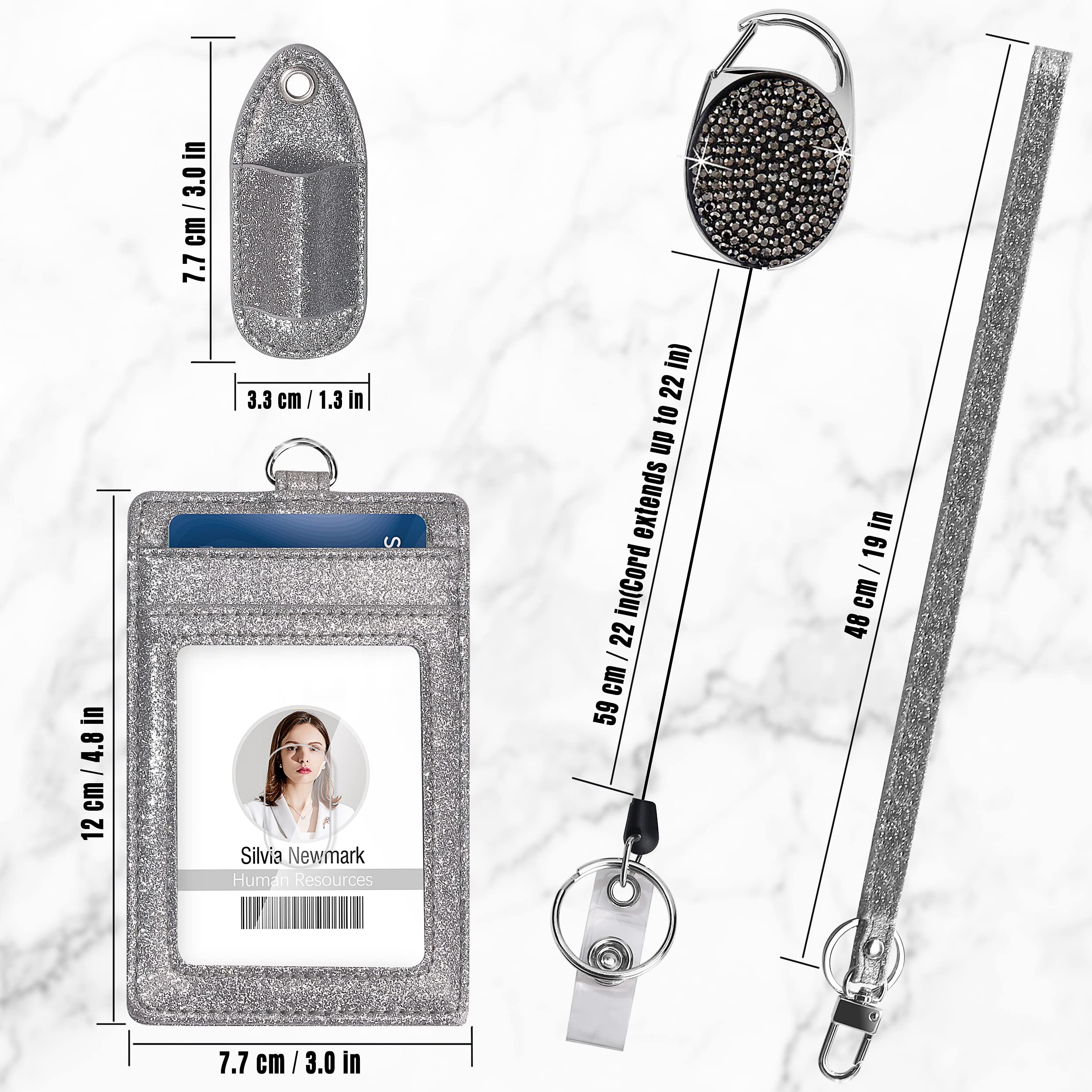 Retractable ID Badge Holder, Multipurpose Bling Rhinestone Badge Reel with Belt Clip, Shiny PU Leather Badge Holder with Lanyard and Pen Holder for Nurse, Teacher, Student, Office Worker (Silver)
