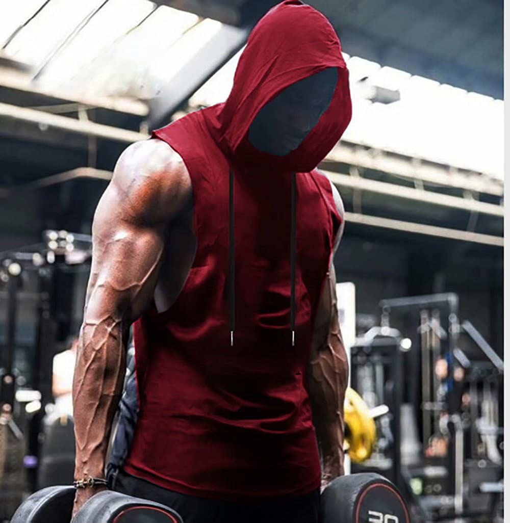 Babioboa Men's Gym Hooded Tank Tops Athletic Cut Off T-Shirt Sleeveless Training Hoodies Workout Dry(Wine Red X-Large)