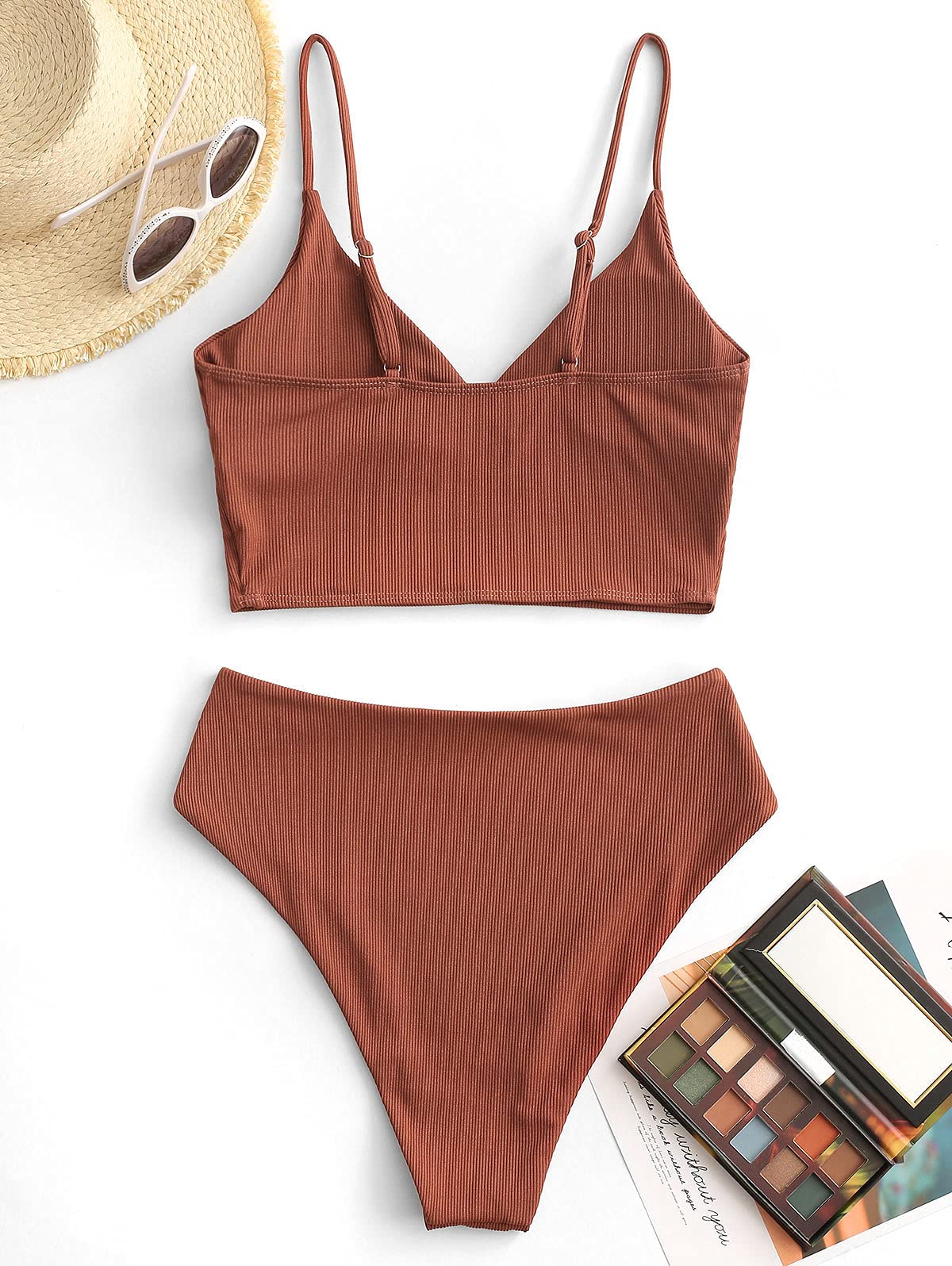 ZAFUL Women Tankini Set, Ribbed High Cut Surplice Swimsuit Bathing Suit with Spaghetti Straps (0-Coffee-Surplice,XL)