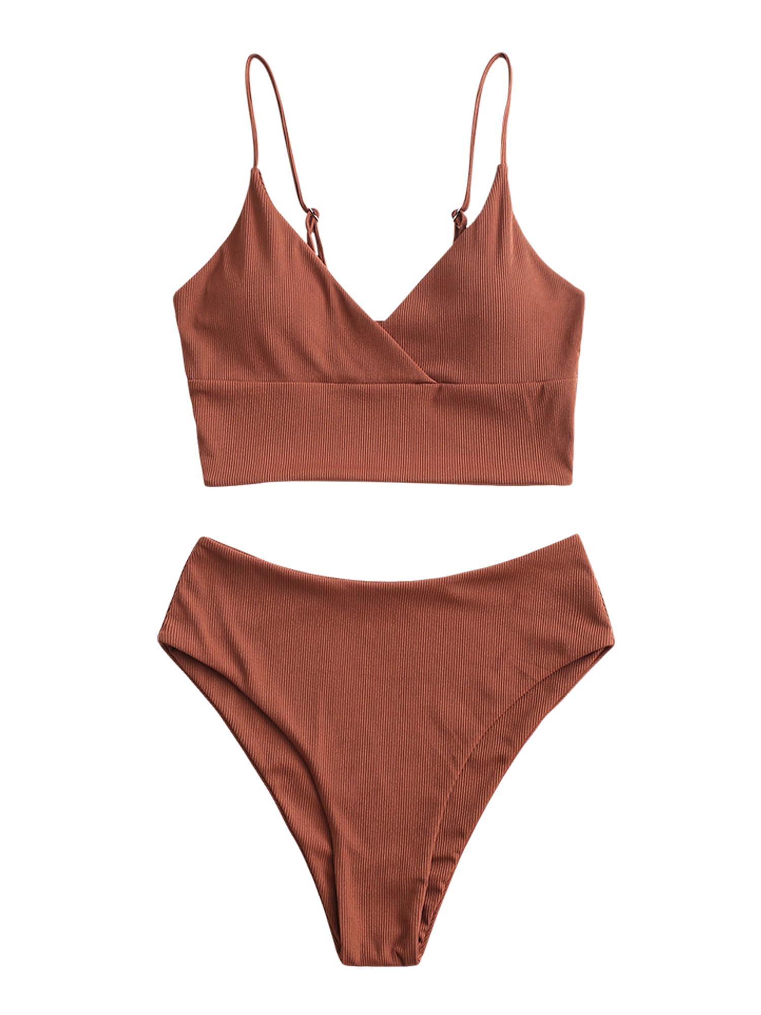 ZAFUL Women Tankini Set, Ribbed High Cut Surplice Swimsuit Bathing Suit with Spaghetti Straps (0-Coffee-Surplice,XL)