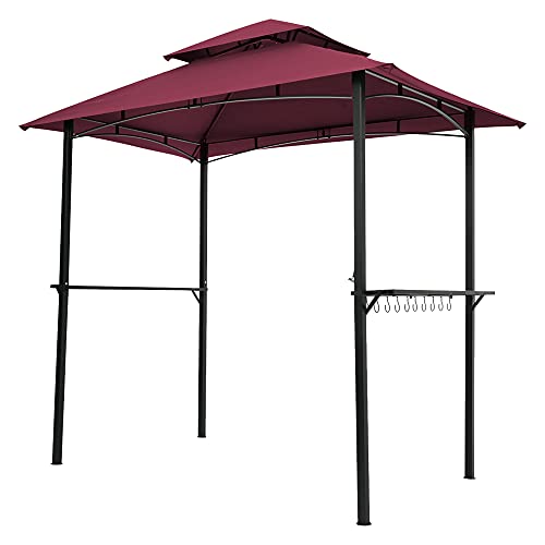 Outdoor Grill Gazebo, 5FT x 8FT Double Tiered Replacement Canopy Grill,Shelter Tent, BBQ Gazebo Roof Top Gazebo and Steel Frame Canopy with Hook and Bar Counters (Wine Red)