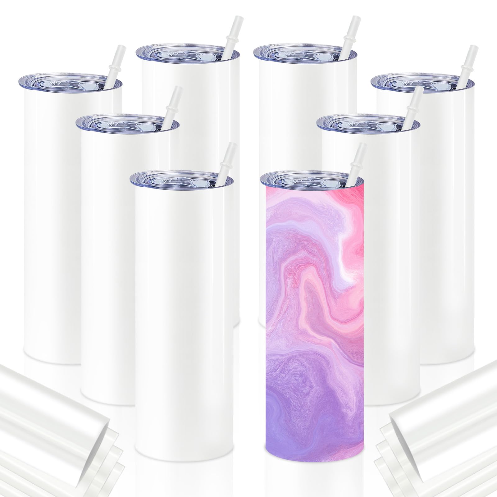 XccMe 8 Pack Sublimation Tumblers bulk,30 oz Skinny Stainless Steel Double Wall Insulated Straight Sublimation Blank with Lid,Box,Shrink Wrap Films,Polymer Coating for Heat Transfer
