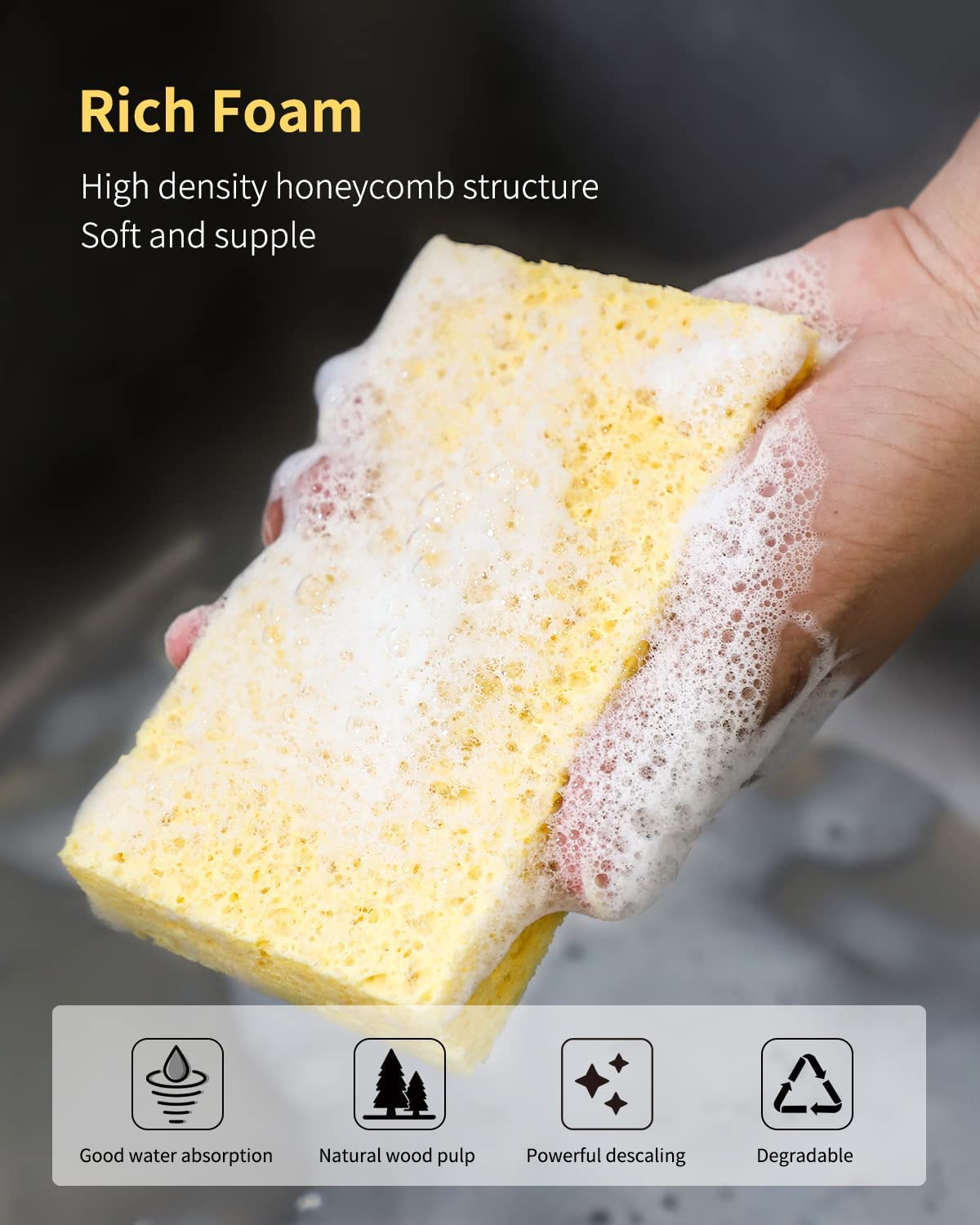 ARCLIBER Cellulose Sponges,Heavy Duty Scrub Kitchen Sponge,Clean Tough Messes Without Scratching Sponges Kitchen(6 Pack, Thick)
