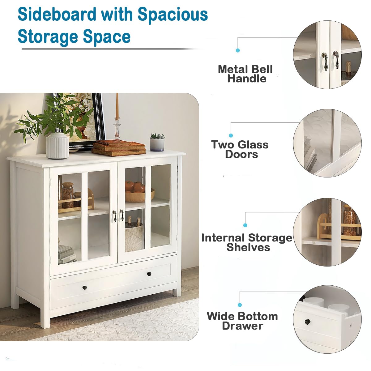 Henf Kitchen Sideboard Buffet Storage Cabinet, Floor Cabinet Cupboard with Double Glass Doors, Free Standing Accent Cabinet with a Drawer and Adjustable Closed Shelf, Perfect for Kitchen Dining Room