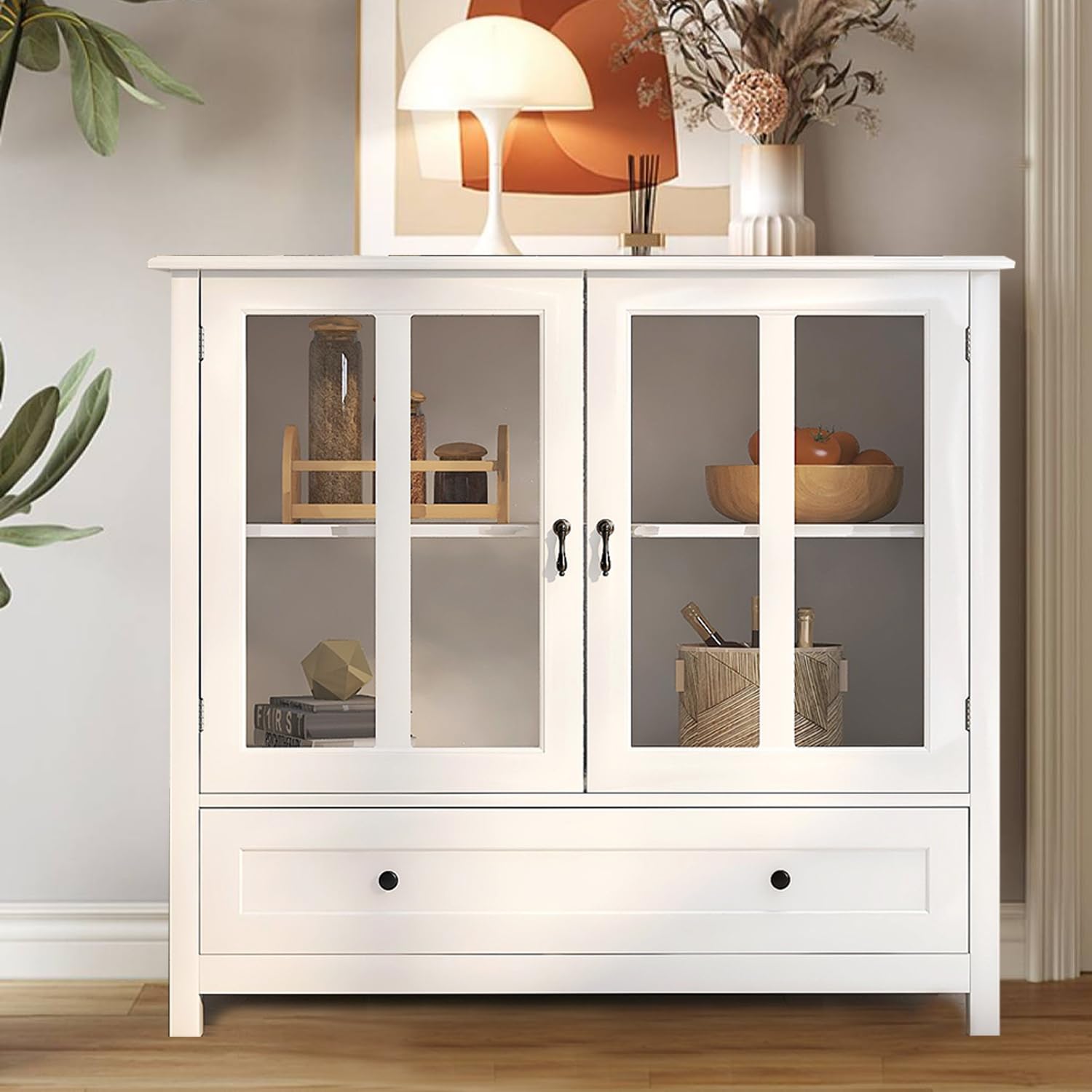 Henf Kitchen Sideboard Buffet Storage Cabinet, Floor Cabinet Cupboard with Double Glass Doors, Free Standing Accent Cabinet with a Drawer and Adjustable Closed Shelf, Perfect for Kitchen Dining Room