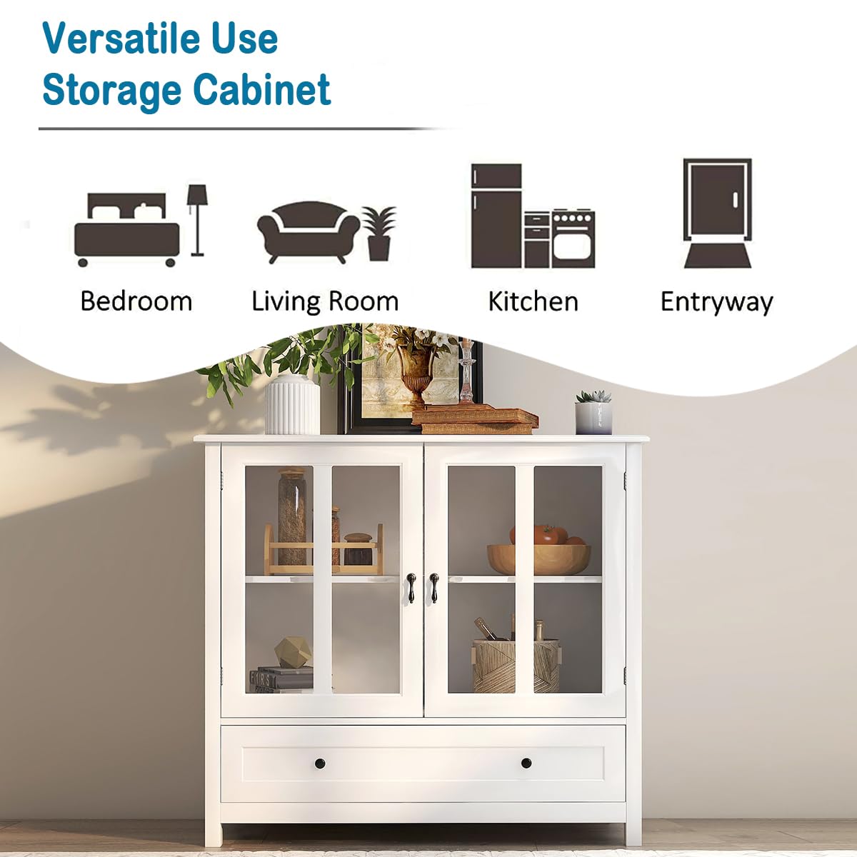 Henf Kitchen Sideboard Buffet Storage Cabinet, Floor Cabinet Cupboard with Double Glass Doors, Free Standing Accent Cabinet with a Drawer and Adjustable Closed Shelf, Perfect for Kitchen Dining Room