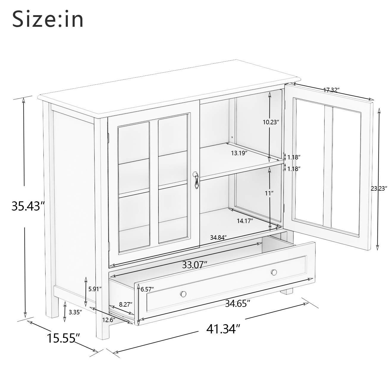 Henf Kitchen Sideboard Buffet Storage Cabinet, Floor Cabinet Cupboard with Double Glass Doors, Free Standing Accent Cabinet with a Drawer and Adjustable Closed Shelf, Perfect for Kitchen Dining Room