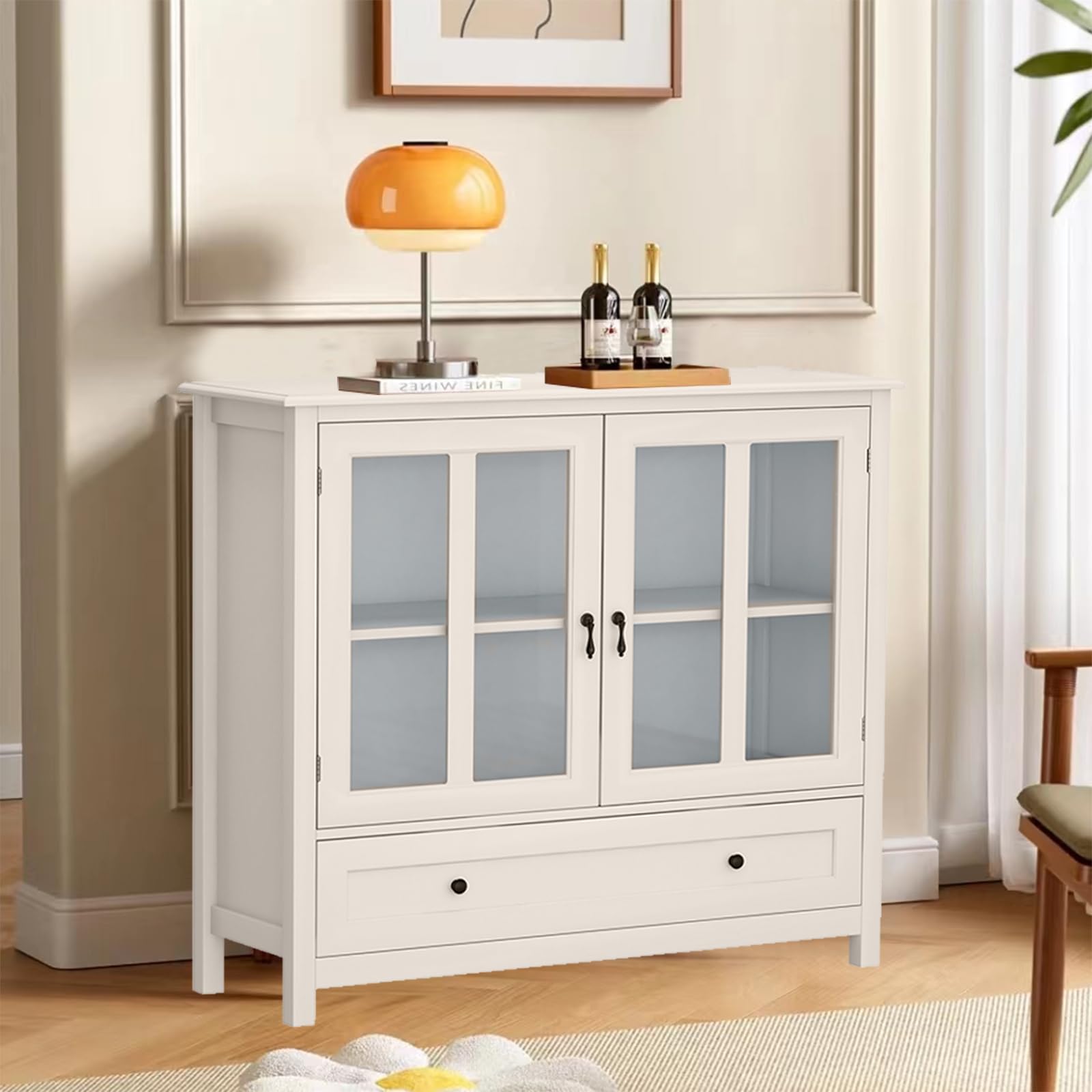 Henf Kitchen Sideboard Buffet Storage Cabinet, Floor Cabinet Cupboard with Double Glass Doors, Free Standing Accent Cabinet with a Drawer and Adjustable Closed Shelf, Perfect for Kitchen Dining Room