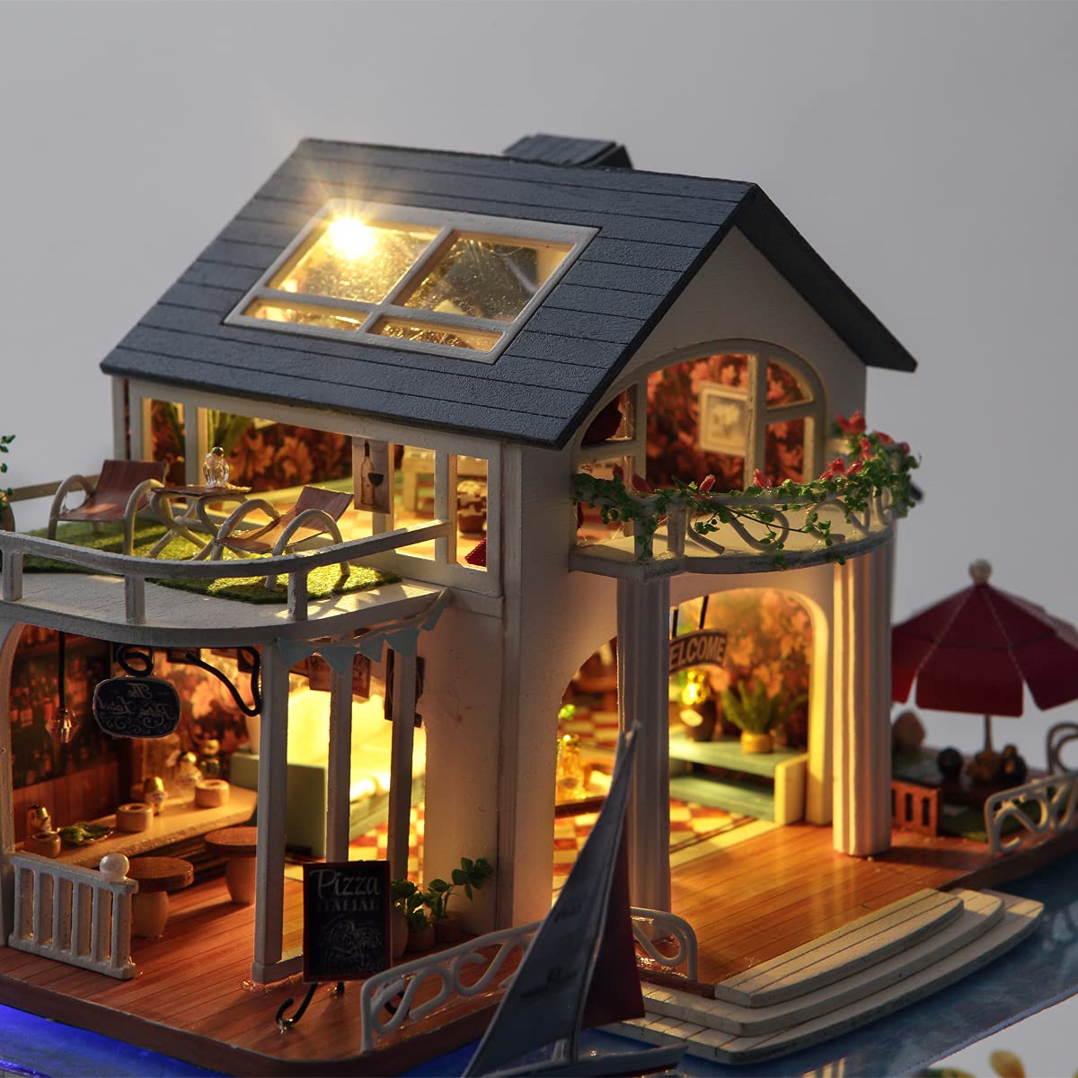 GuDoQi DIY Miniature Dollhouse Kit, Tiny House kit with Furniture and Dust Proof, Miniature House Kit 1:24 Scale Beachside Bungalow, Great Handmade Crafts Gift for Birthday Easter Day