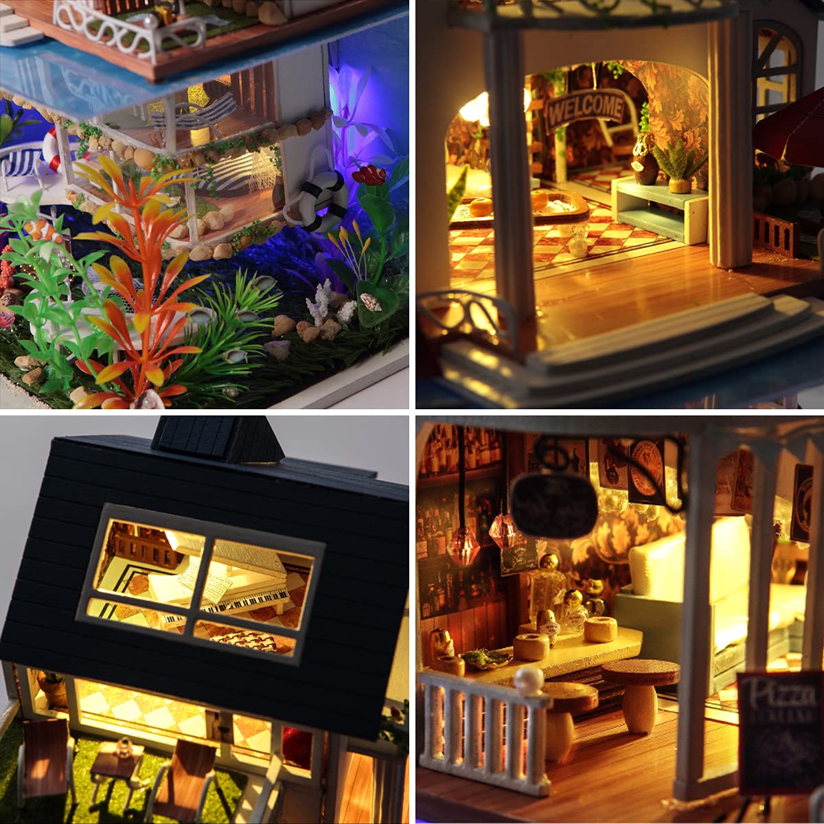 GuDoQi DIY Miniature Dollhouse Kit, Tiny House kit with Furniture and Dust Proof, Miniature House Kit 1:24 Scale Beachside Bungalow, Great Handmade Crafts Gift for Birthday Easter Day
