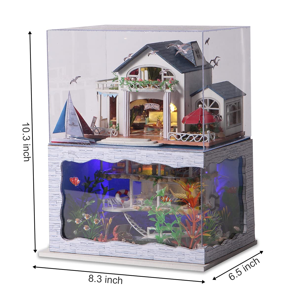 GuDoQi DIY Miniature Dollhouse Kit, Tiny House kit with Furniture and Dust Proof, Miniature House Kit 1:24 Scale Beachside Bungalow, Great Handmade Crafts Gift for Birthday Easter Day