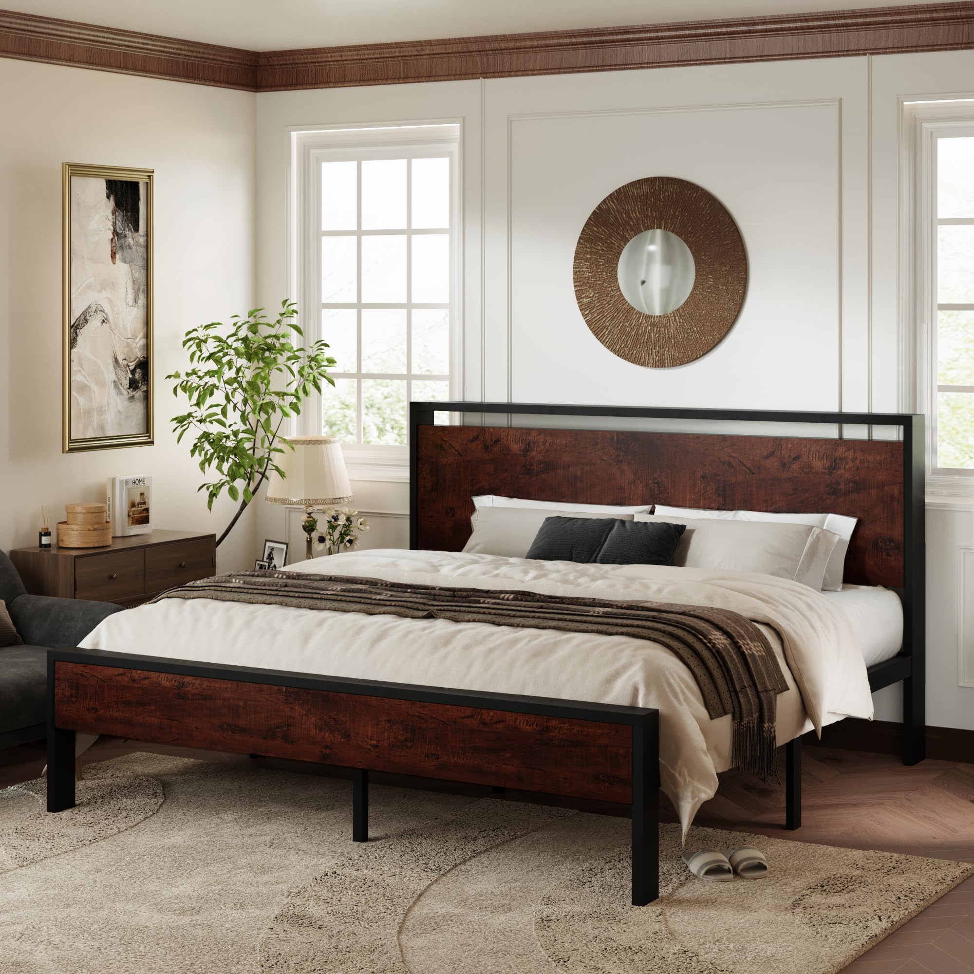 Allewie King Size Platform Bed Frame with Wooden Headboard and Footboard, Heavy Duty 12 Metal Slats Support, No Box Spring Needed, Under-Bed Storage, Non-Slip Without Noise, Mahogany
