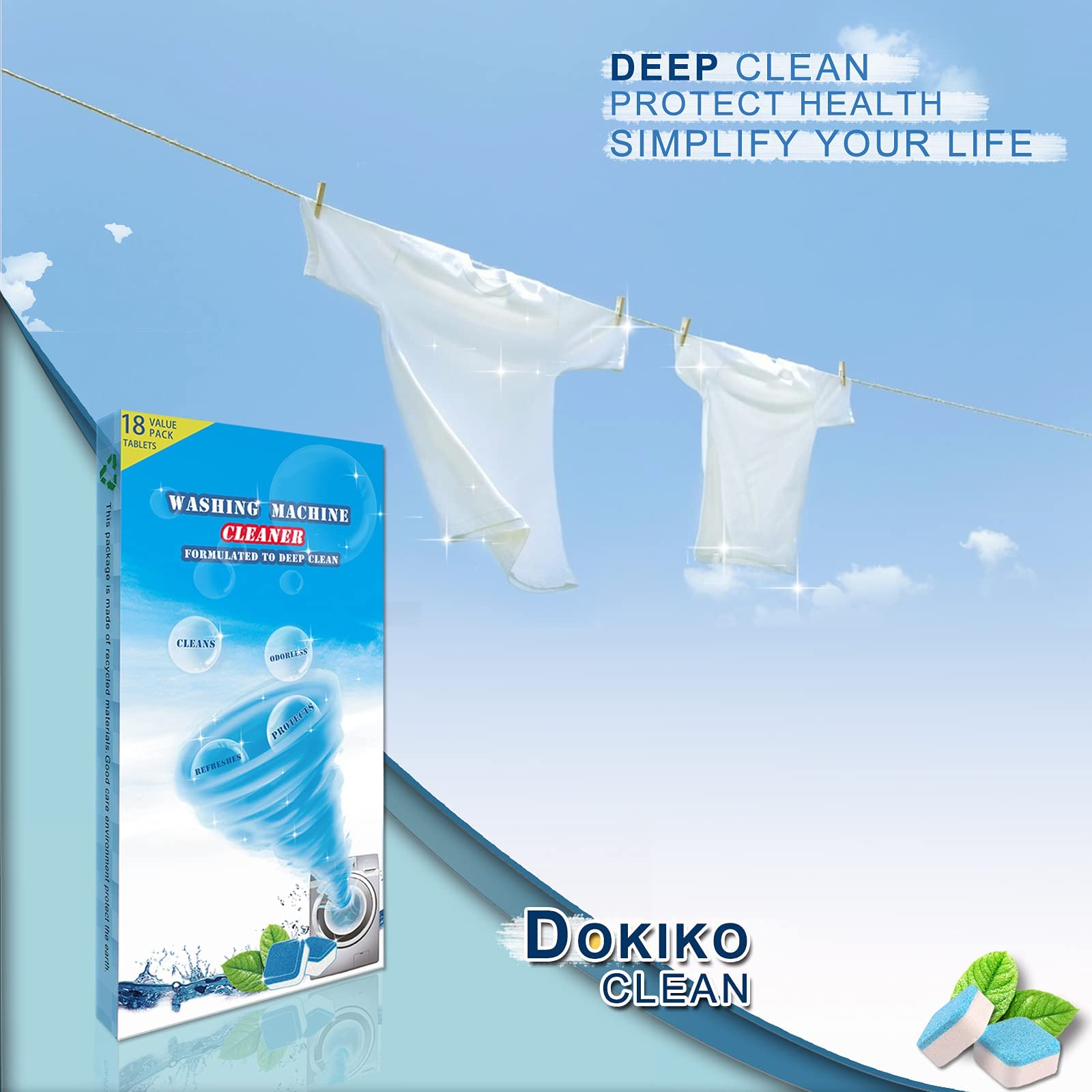 DOKIKO Washing Machine Cleaner tablets 18 Pack- Deep Clean Tablets for HE Front Loader & Top Load Washer, Eco-Friendly Septic Safe Deodorizer to Clean Inside Drum & Tub Seal.