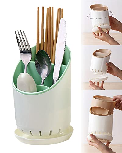 spolis Utensil Holders Cutlery Drying Rack for Counter with Catch Pan and Drain Hole, Anti Tilting spolis Silverware Drainer Basket Sink Caddy for Forks, Knives, Spoons, Chopsticks-Green