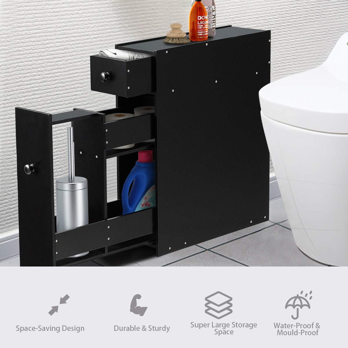 DORTALA Free Standing Bathroom Floor Storage Cabinet w/Drawer Double Door, Kitchen Cupboard, Wooden Entryway Storage Cabinet, 24" x 12" x 31.5"(L x W x H), Black