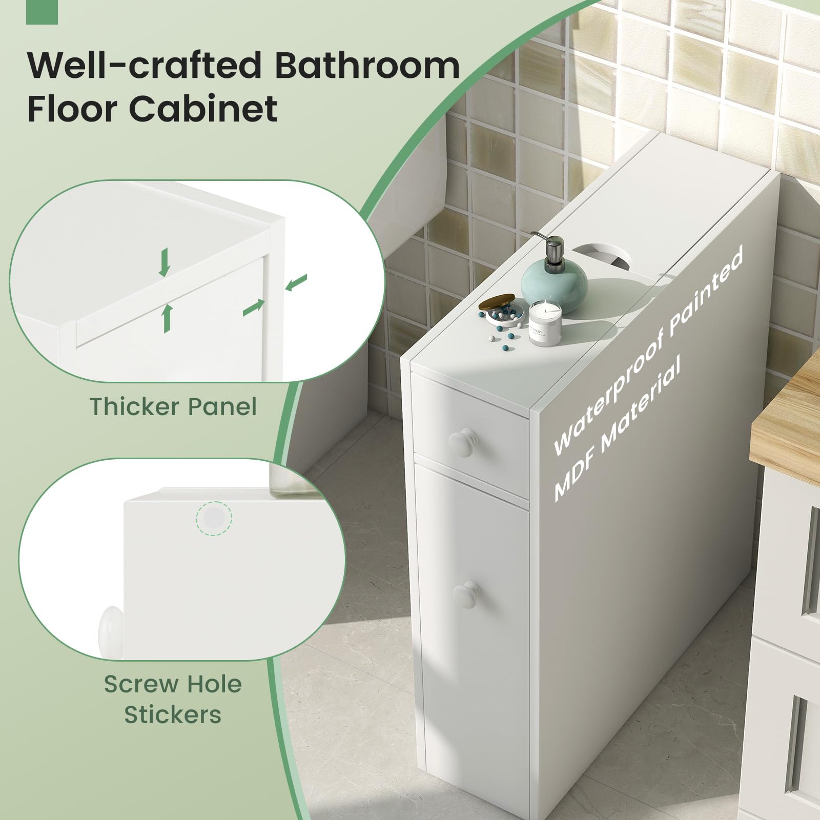 DORTALA Small Bathroom Floor Storage Cabinet, Free Standing Storage Organizer w/Drawer Double Door, Kitchen Cupboard, Wooden Entryway Storage Cabinet, 19" x 6.3" x 23"(L x W x H), White