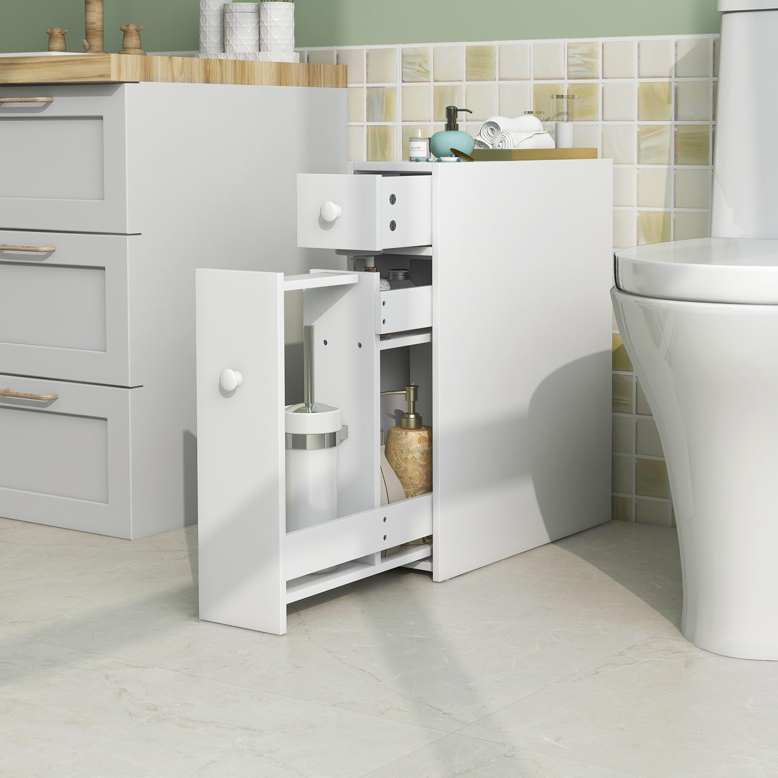 DORTALA Small Bathroom Floor Storage Cabinet, Free Standing Storage Organizer w/Drawer Double Door, Kitchen Cupboard, Wooden Entryway Storage Cabinet, 19" x 6.3" x 23"(L x W x H), White
