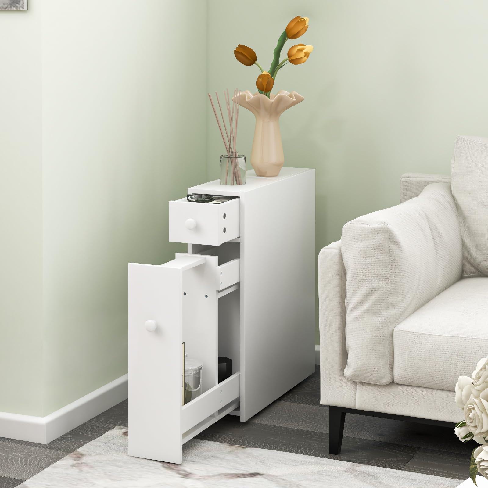 DORTALA Small Bathroom Floor Storage Cabinet, Free Standing Storage Organizer w/Drawer Double Door, Kitchen Cupboard, Wooden Entryway Storage Cabinet, 19" x 6.3" x 23"(L x W x H), White