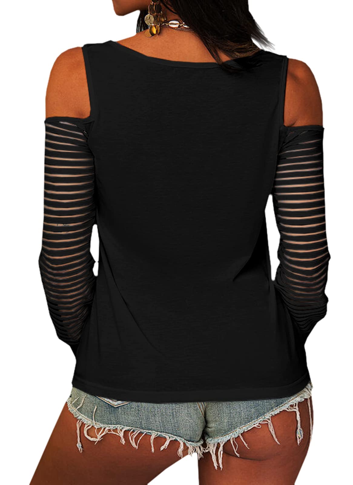 Tankaneo Womens Long Sleeve Mesh Srtipe Blouse Shirt Cold Shoulder Scoop Neck Zipper Casual Pullover T-shirt